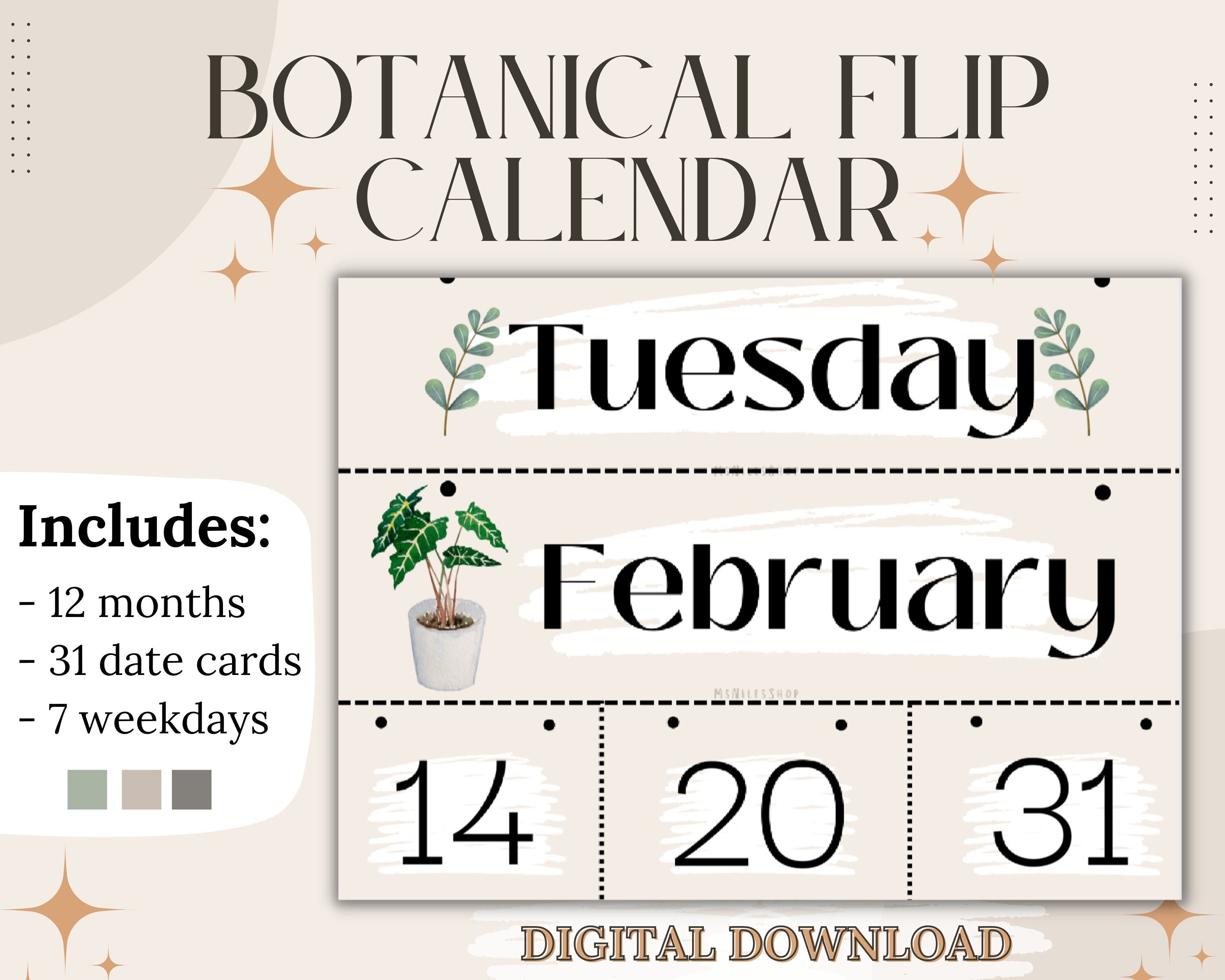 Boho Plant Flip Calendar Printable Yearly Calendar Classroom Calendar ...