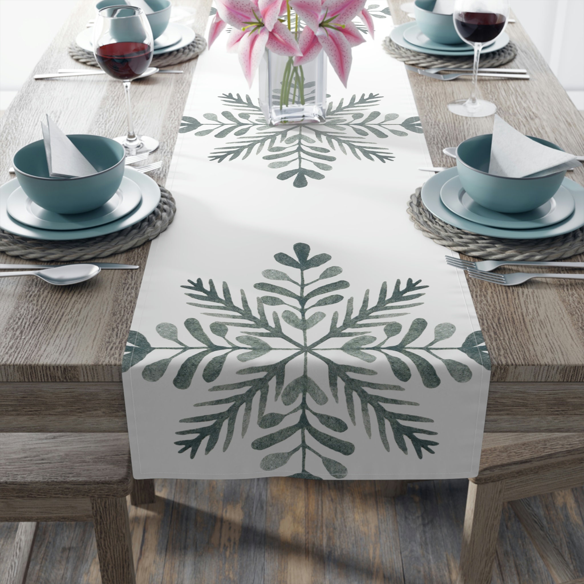 Winter Table Runner, Gray Table Runner, Snowflake Table Runner, Coastal ...