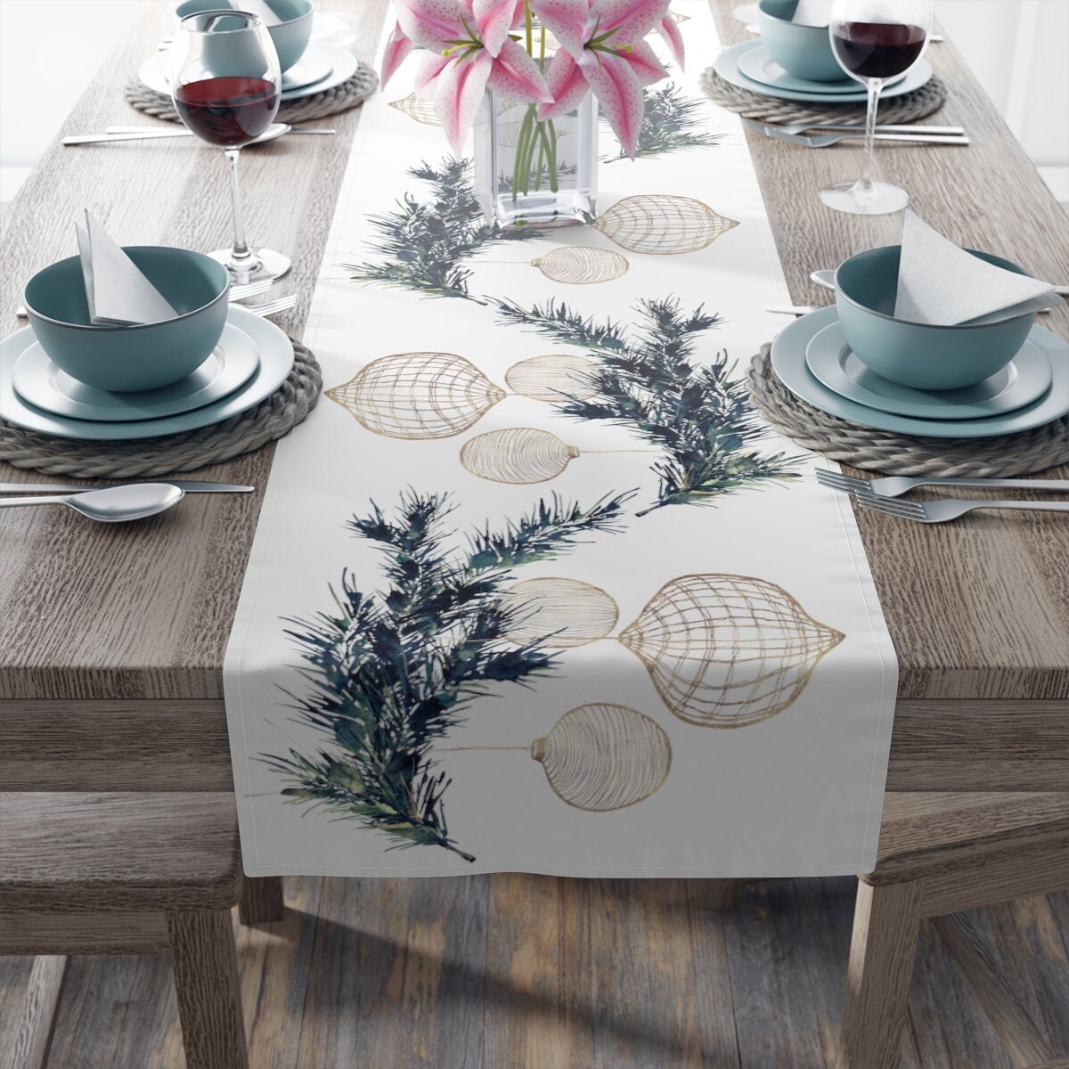 Gold and Blue Table Runner, Christmas Table Decor, Gold Holiday ...