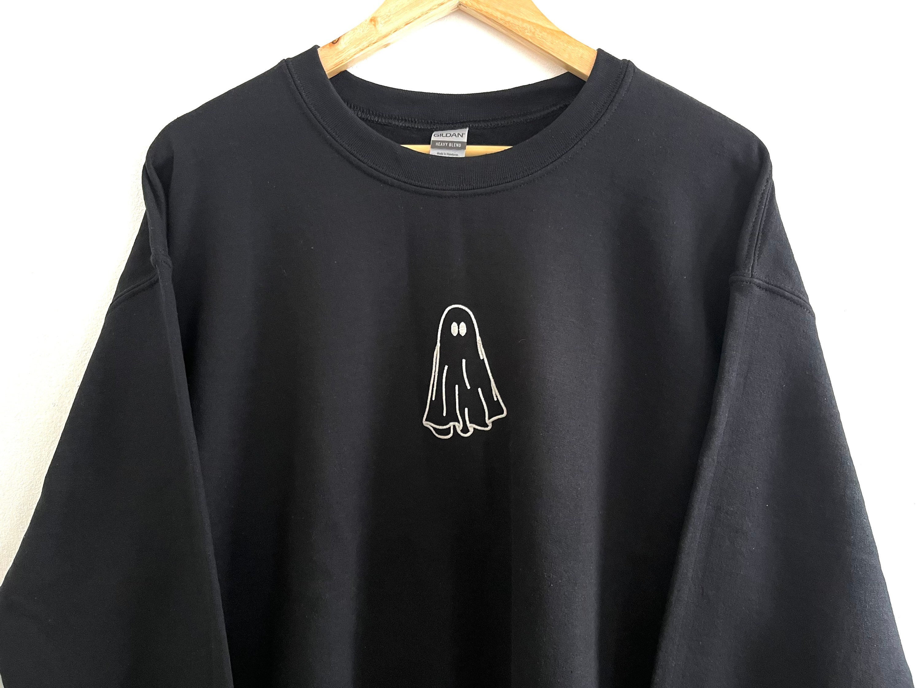 Spooky Ghost Black Embroidered Glow in the Dark Halloween Sweatshirt ...