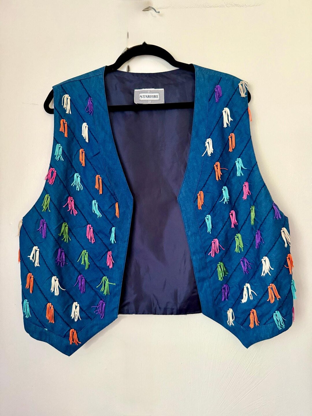Vintage 70’s Starfire Blue Multicolor Funky Tassel Open Front Vest ...