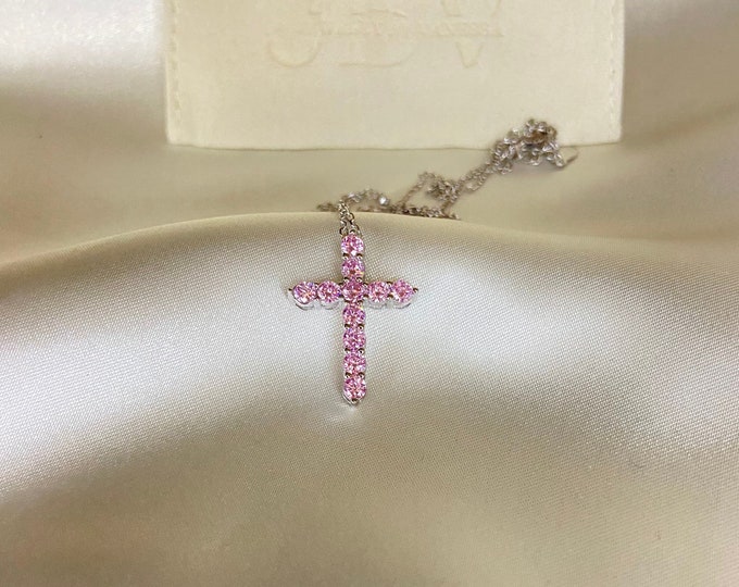 925s Pink Cross Necklace, Sterling Silver Pink Cross Necklace, Pink ...