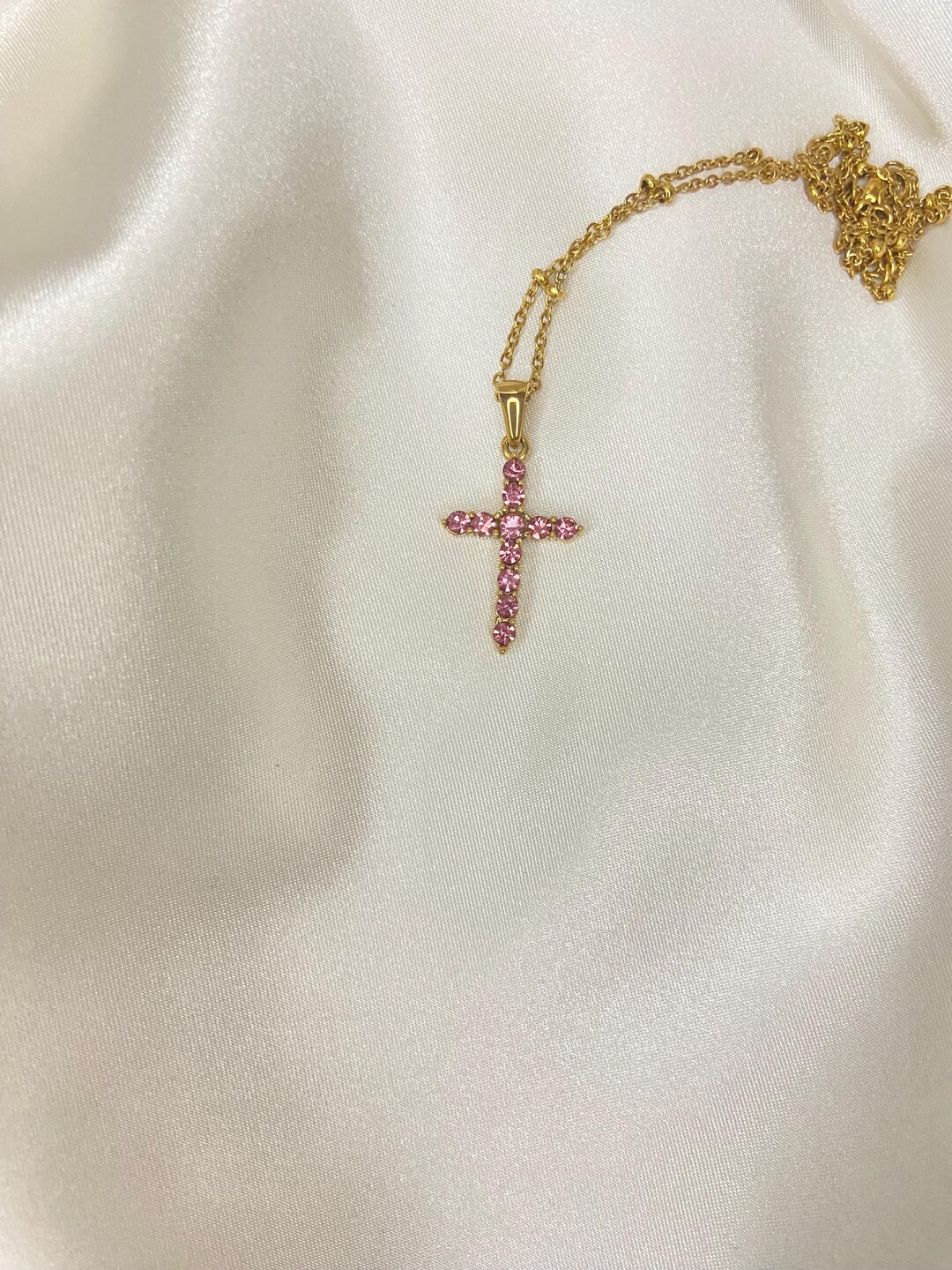 Gold Pink Cross Necklace, 18k Gold Plated Pink Cross Necklace, Pink ...