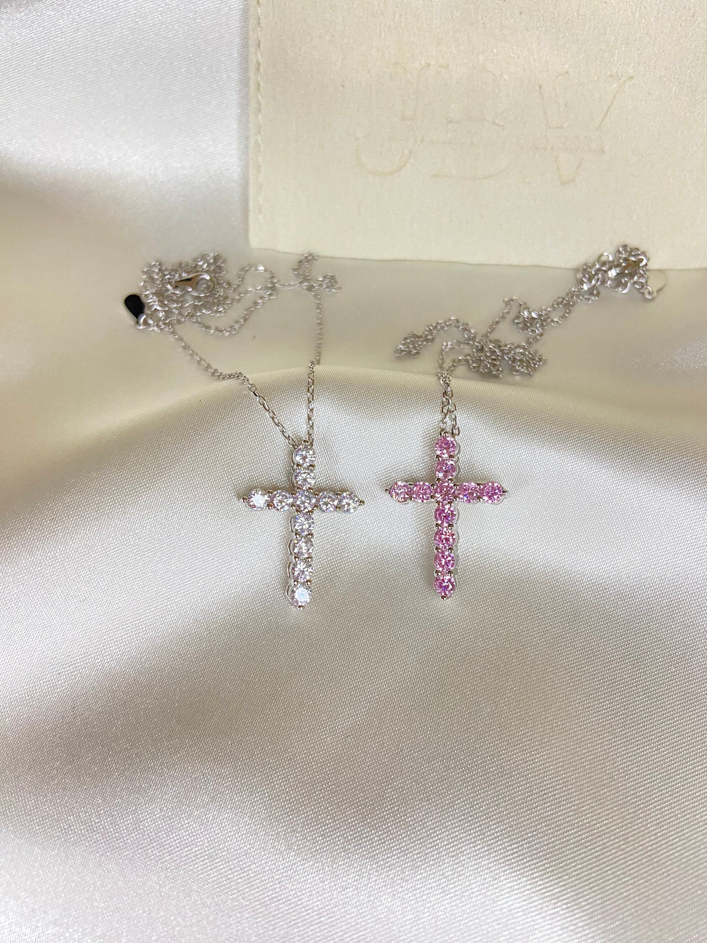 925s Pink Cross Necklace, Sterling Silver Pink Cross Necklace, Pink ...