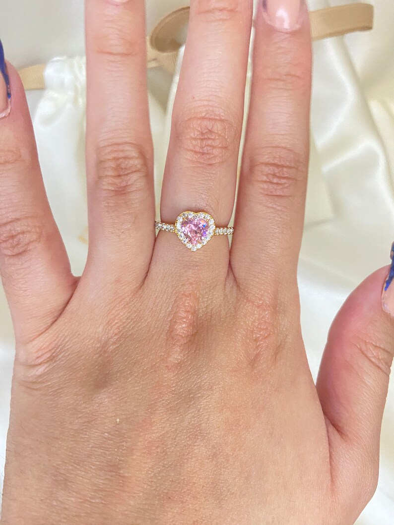 Gold Pink Heart Ring, Gold Heart Ring, Gold 925 Ring, Pink Heart Cut ...