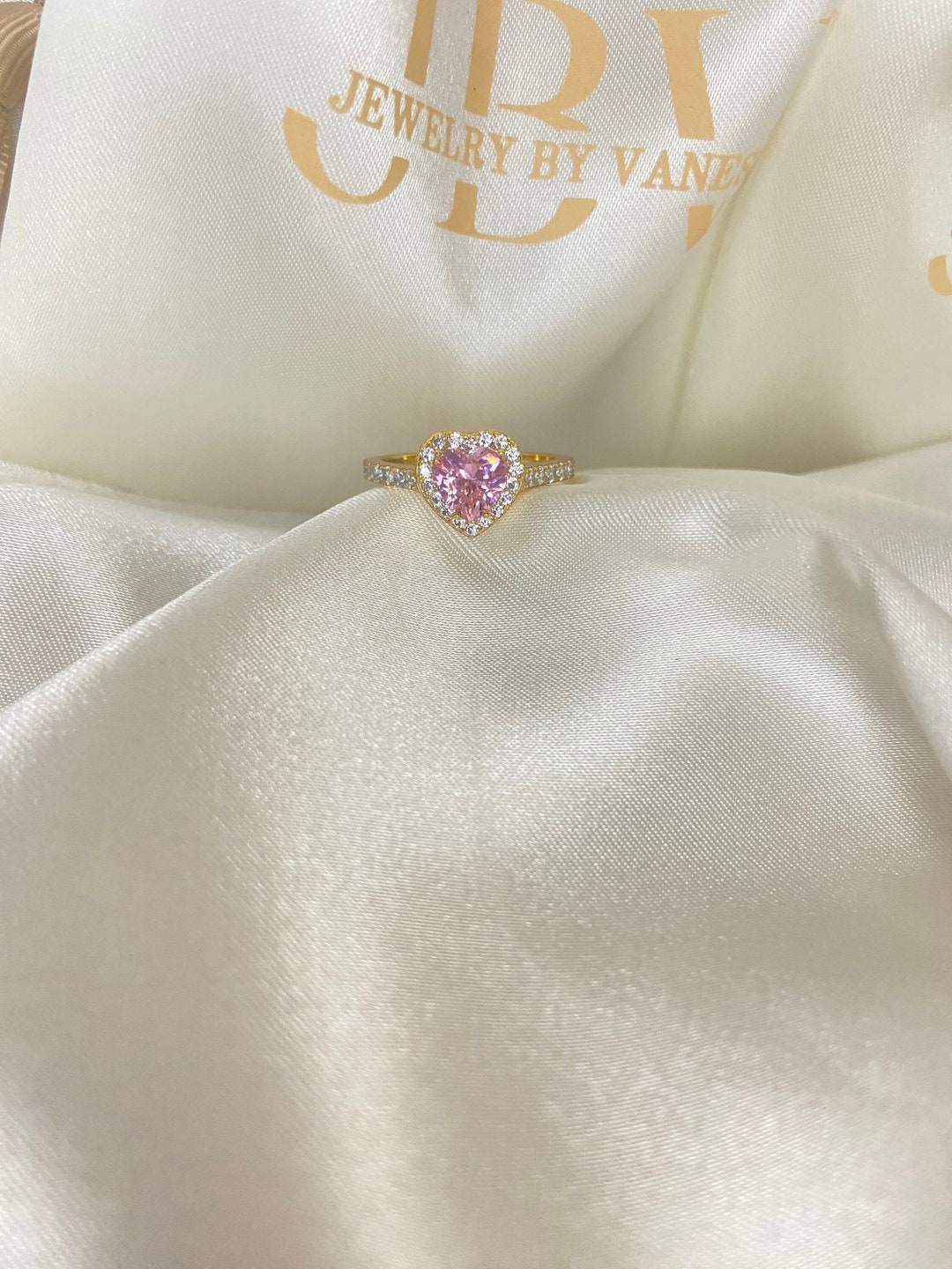Gold Pink Heart Ring, Gold Heart Ring, Gold 925 Ring, Pink Heart Cut ...