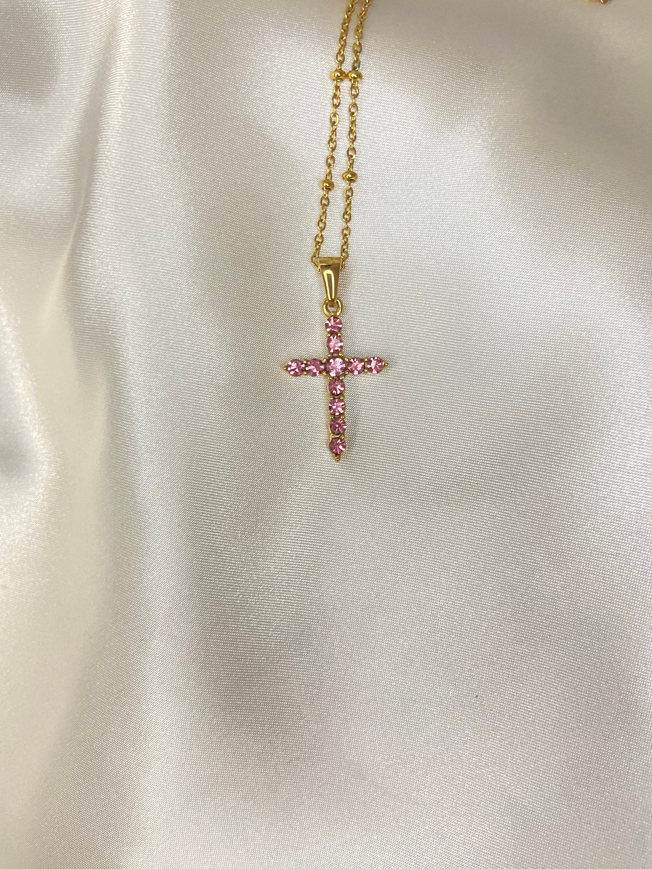 Gold Pink Cross Necklace, 18k Gold Plated Pink Cross Necklace, Pink ...
