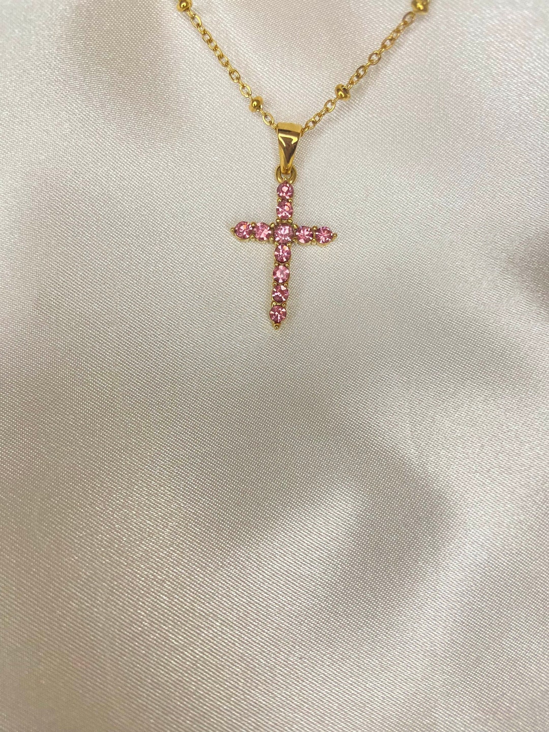 Gold Pink Cross Necklace, 18k Gold Plated Pink Cross Necklace, Pink ...