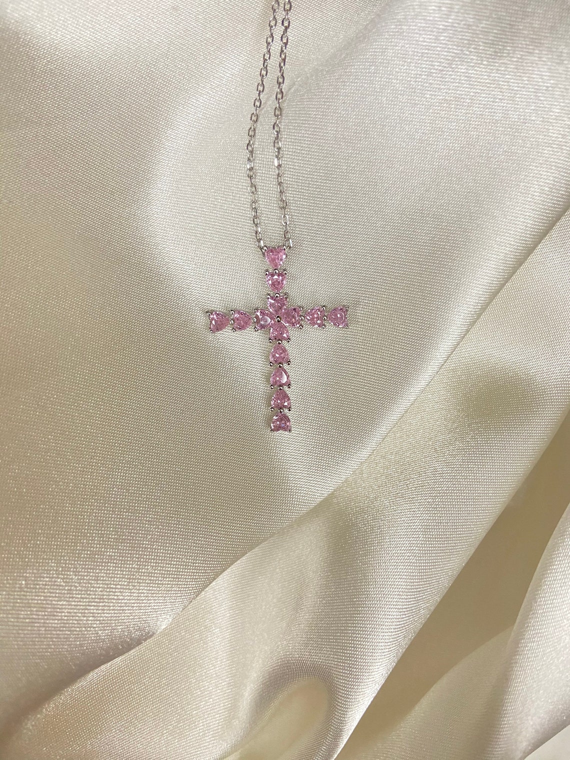 925s Pink Heart Cross Necklace, Sterling Silver Pink Cross Necklace ...