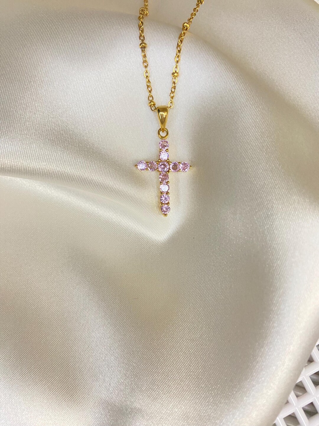 Gold Pink Cross Necklace, 18k Gold Plated Pink Cross Necklace, Pink ...
