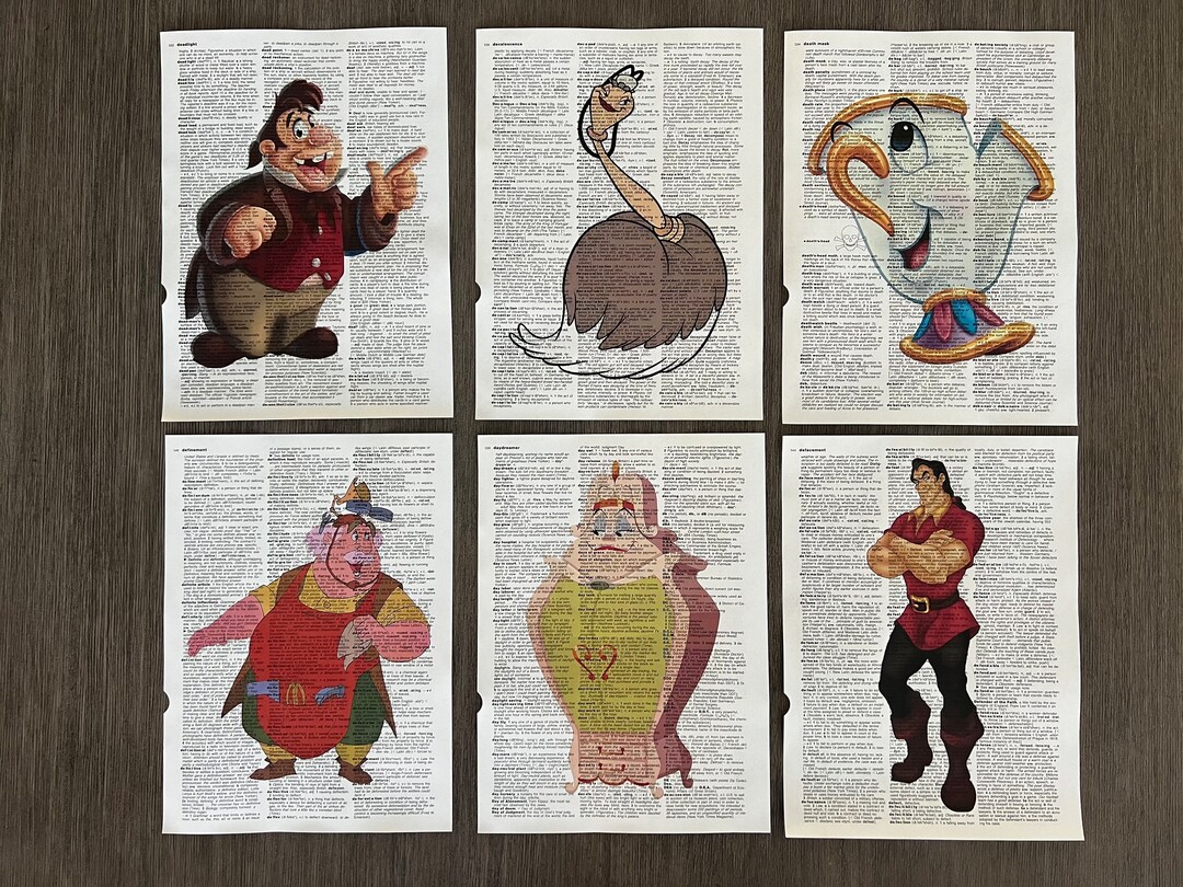 Beauty and the Beast disney Characters Themed Dictionary Art Prints Set ...
