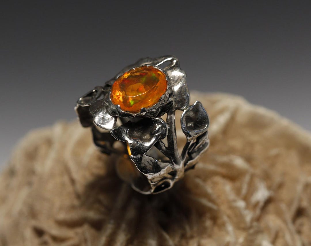 EXQUISITE Mexican Tangerine Contra Luz Opal in Calla Lilly Silver Ring ...