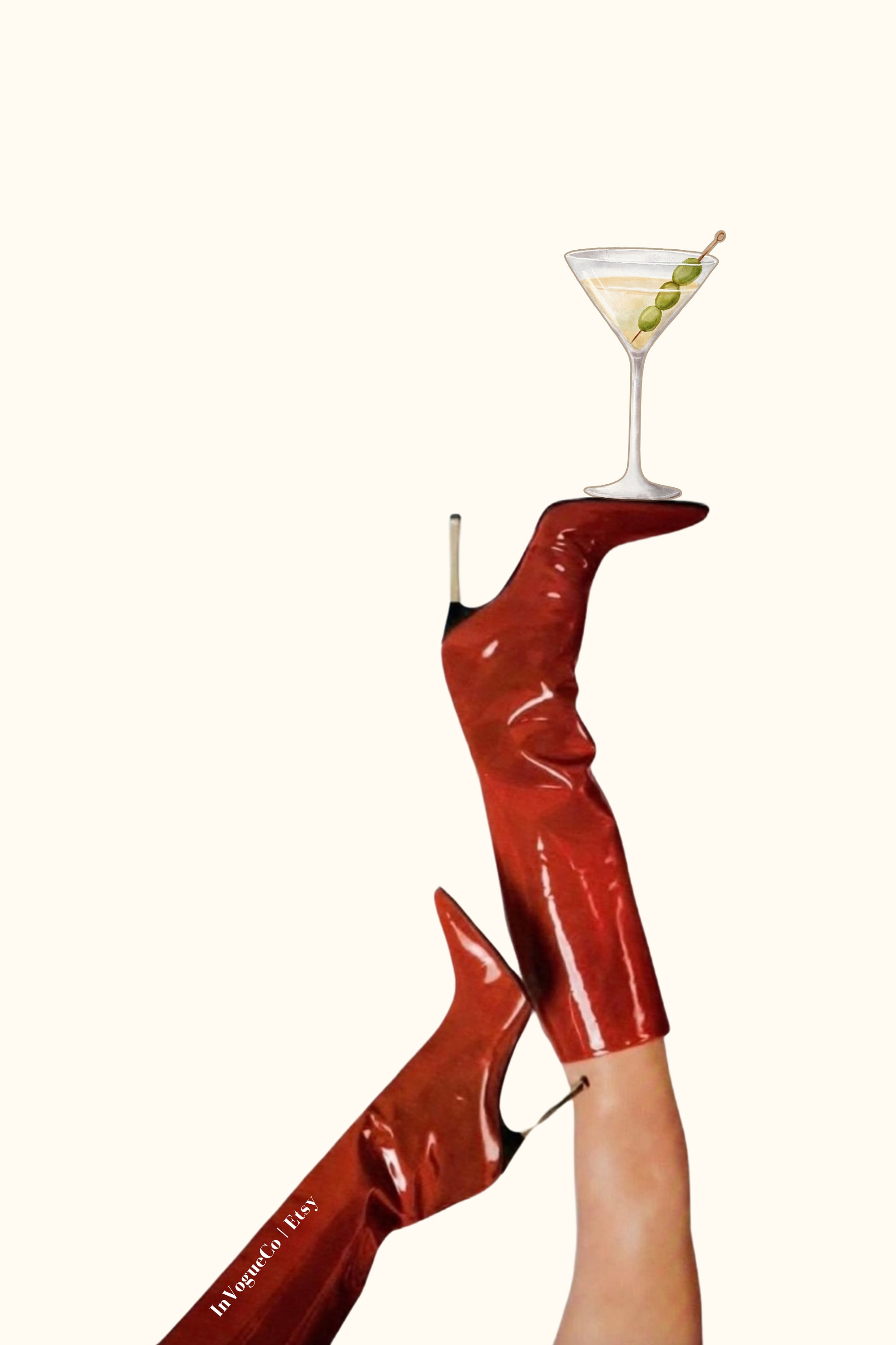 Bottoms up Art Print | Red Boot Martini Wall Art | Bar Cart Art | Femme ...