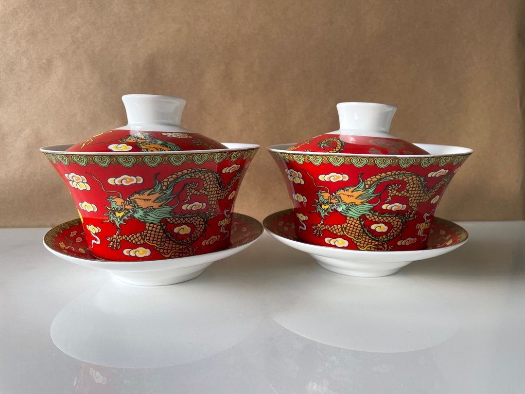 Vintage Chinese Porcelain Red Dragon Gaiwan Tea Cup Set - Etsy