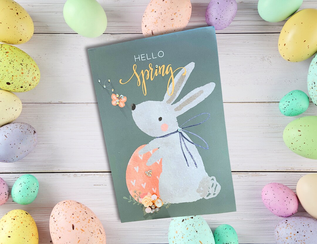 Rhinestone Embellished Hello Spring Bunny and Easter Egg: 6x9 Dot Grid ...