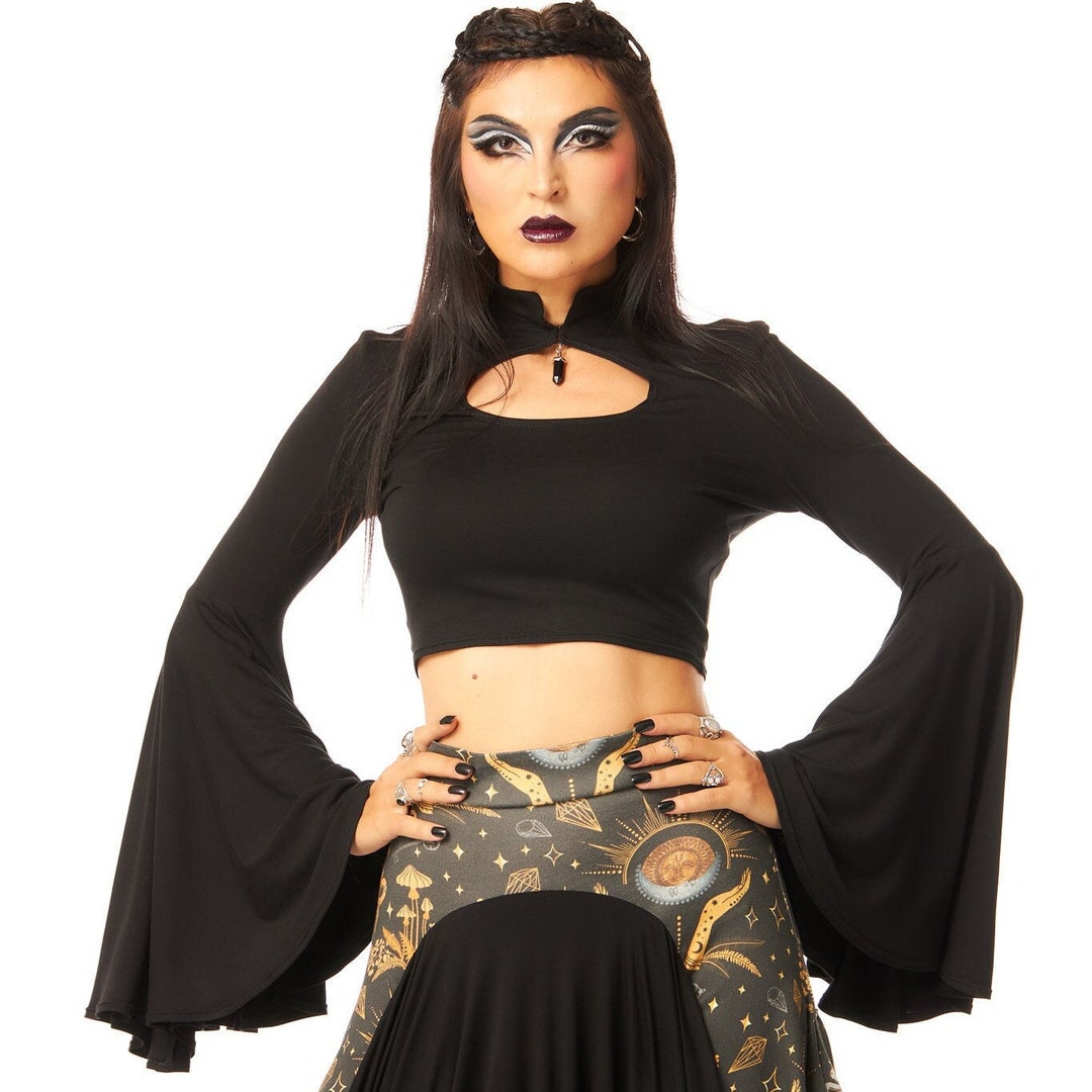 Black Bell Sleeve Crop Top | Teardrop Cutout, Witchy Fashion - Etsy