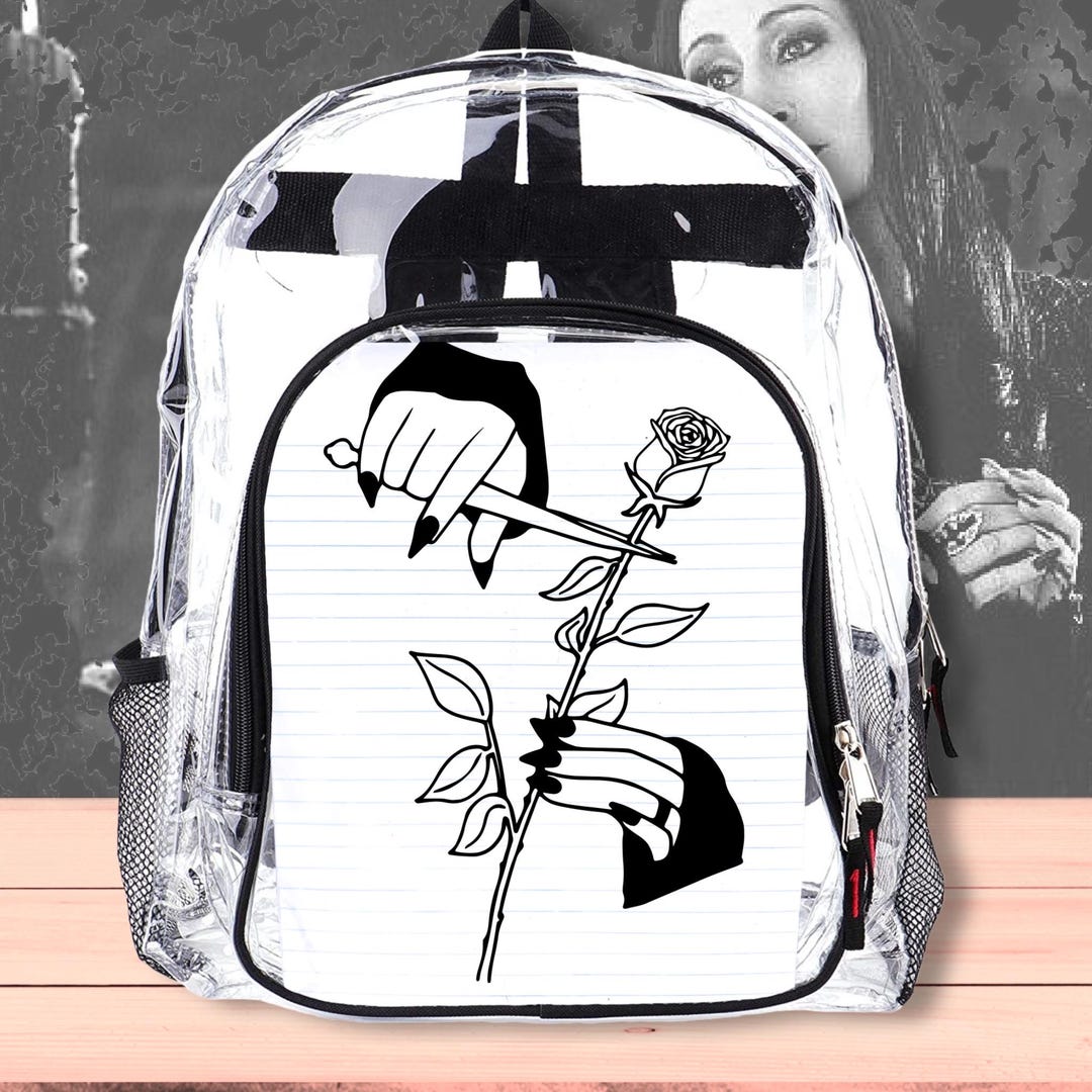 Clear Morticia Addams Roses Backpack | 16 1/2” Clear Spooky Backpack ...