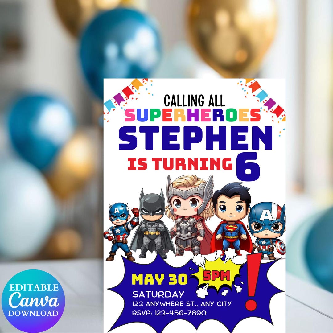Editable Superheroes Birthday Invitation Template Kids Party Invite ...