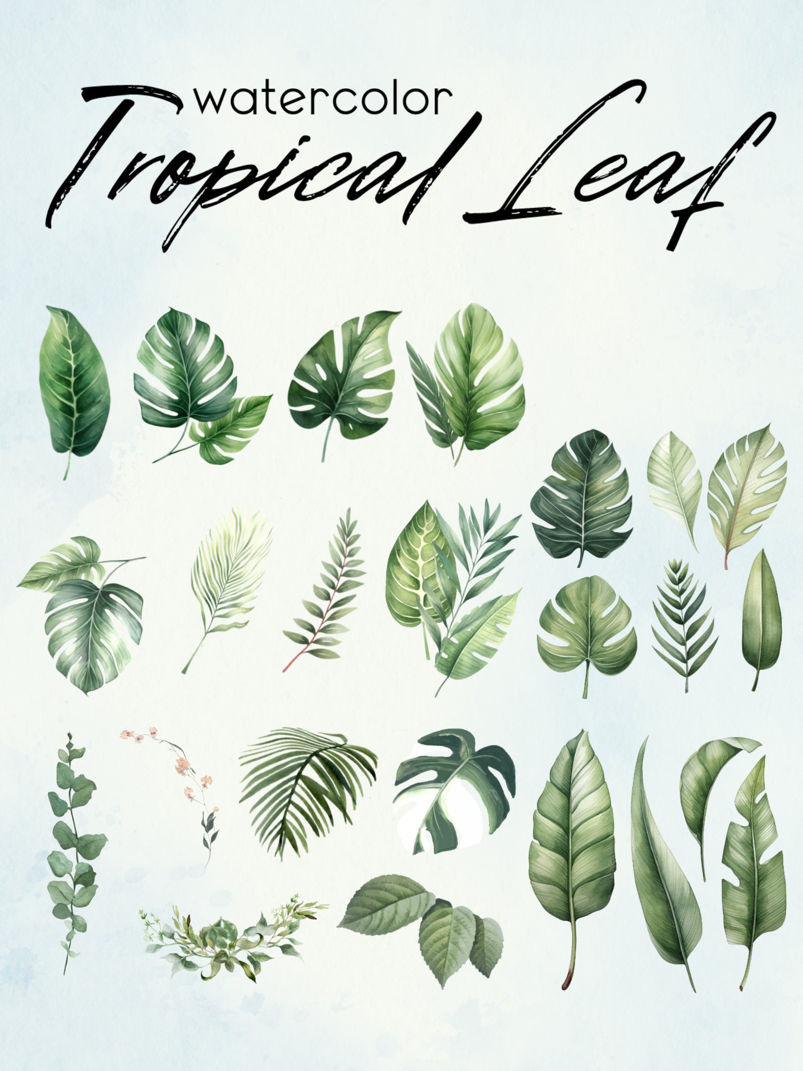 Watercolor Greenery Frame Clipart Tropical Foliage With Palm - Etsy