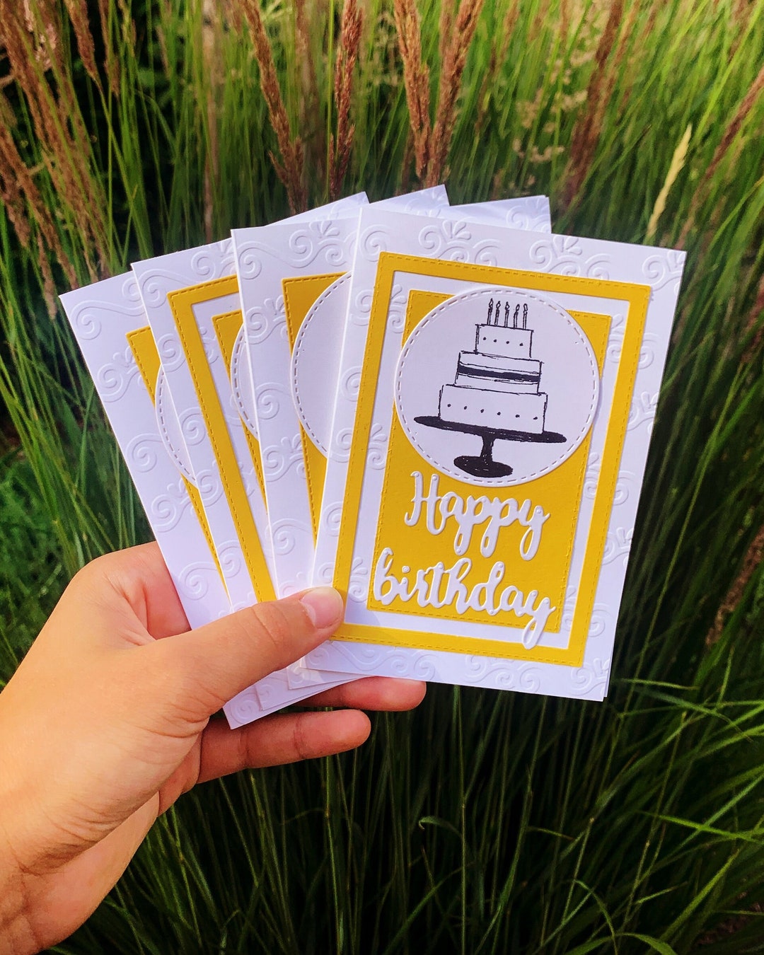 Bright Yellow Birthday Cards, Pen and Ink Cake Drawings, Beautiful ...