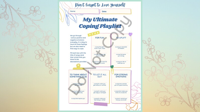 Coping Playlist Worksheet - Etsy