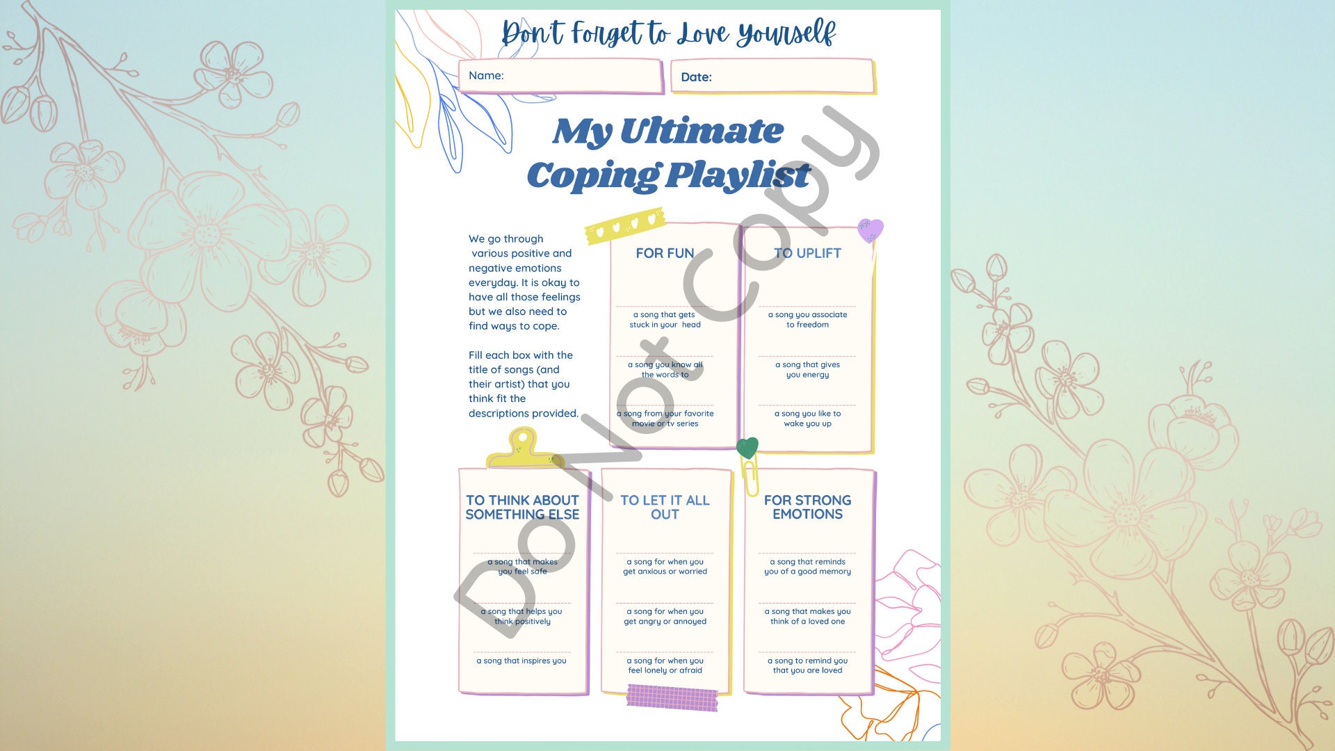 Coping Playlist Worksheet - Etsy