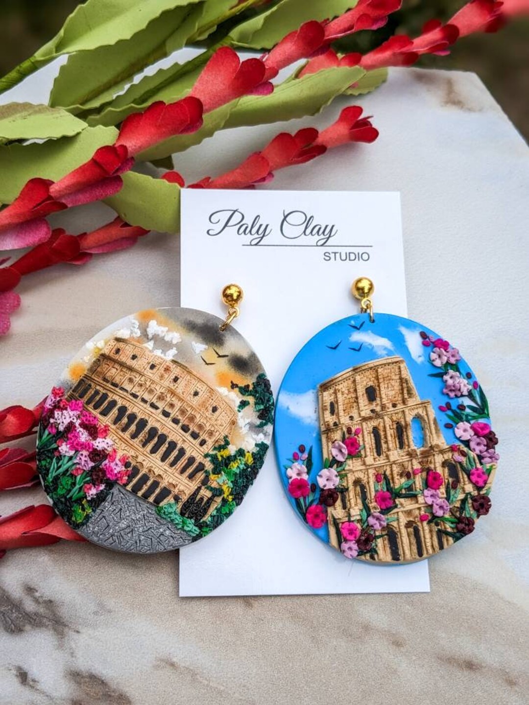 Colosseum Rome Clay Earrings Rome Landscape Earrings Pink Floral ...
