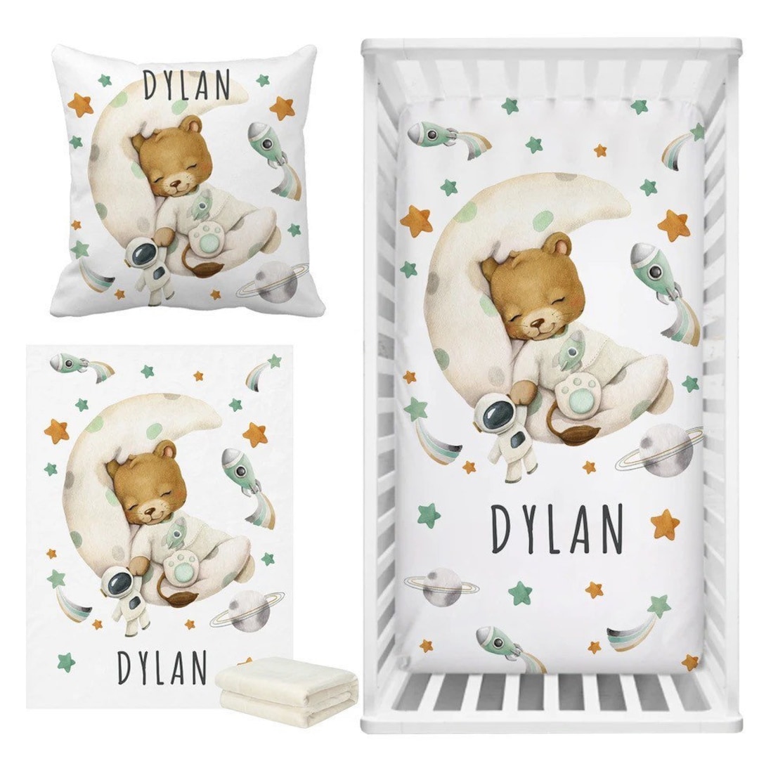 Astronaut Baby Personalised Cot Crib Bedding Set Fitted Sheet Blanket ...