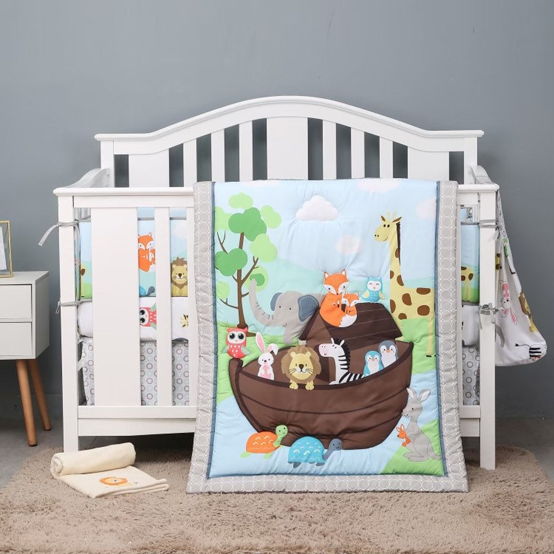 Baby Boy Noah Ark Animals Cot Crib Bedding Set Fitted Sheet Pillowcase ...