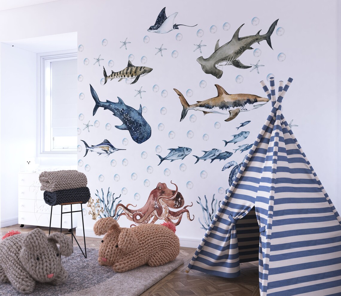 Ocean Wall Decal Shark Wall Decal Under the Sea Wall Decal - Etsy
