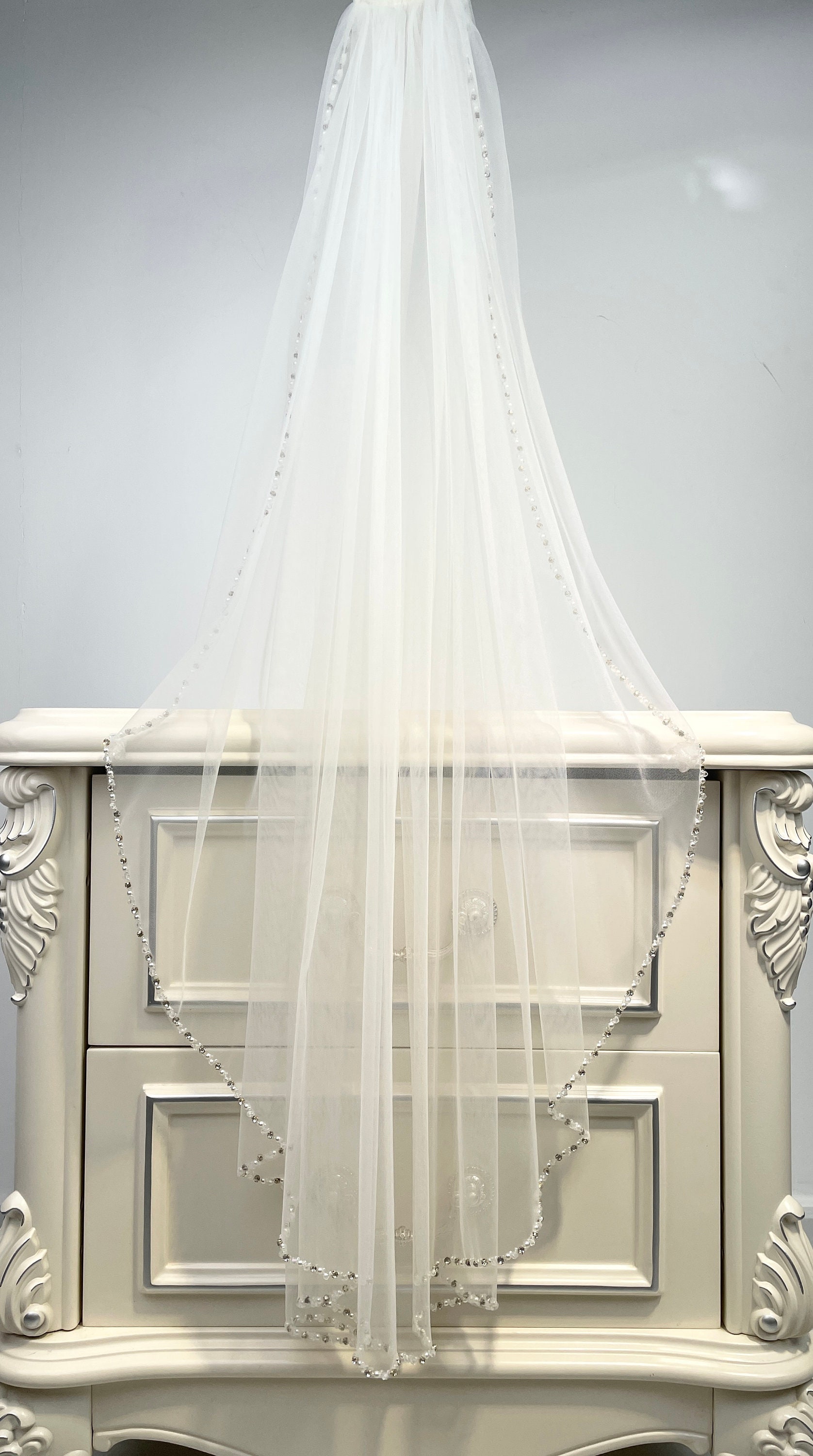 Rhinestone Wedding Veil Crystals Pearls Beaded Bridal Veil 1 Layer ...
