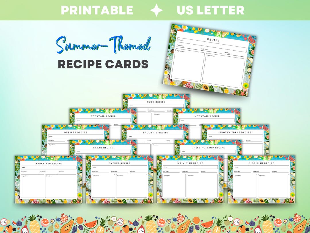 Printable Summer Recipe Cards, 5x7 Recipe Templates for Chefs and Cooks ...