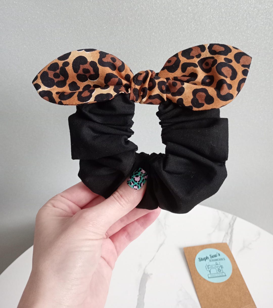 Rockabilly Pin-up Black Leopard Print Bow Scrunchie, Hair Tie, Hairband ...