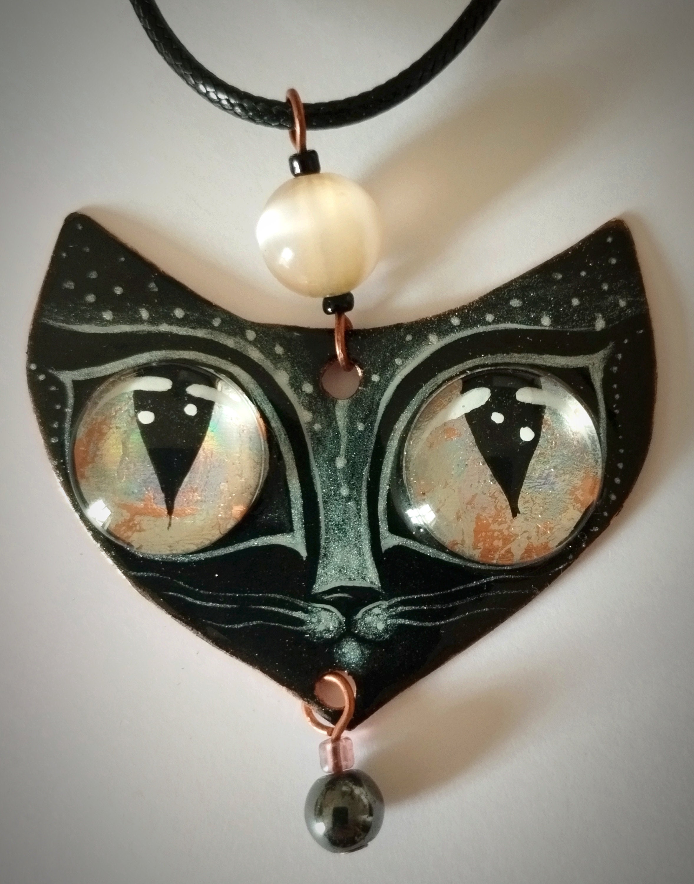 PENDANT CAT Silver Eyes, Hand-painted Jewelry Cat, AMULET Black Cat ...