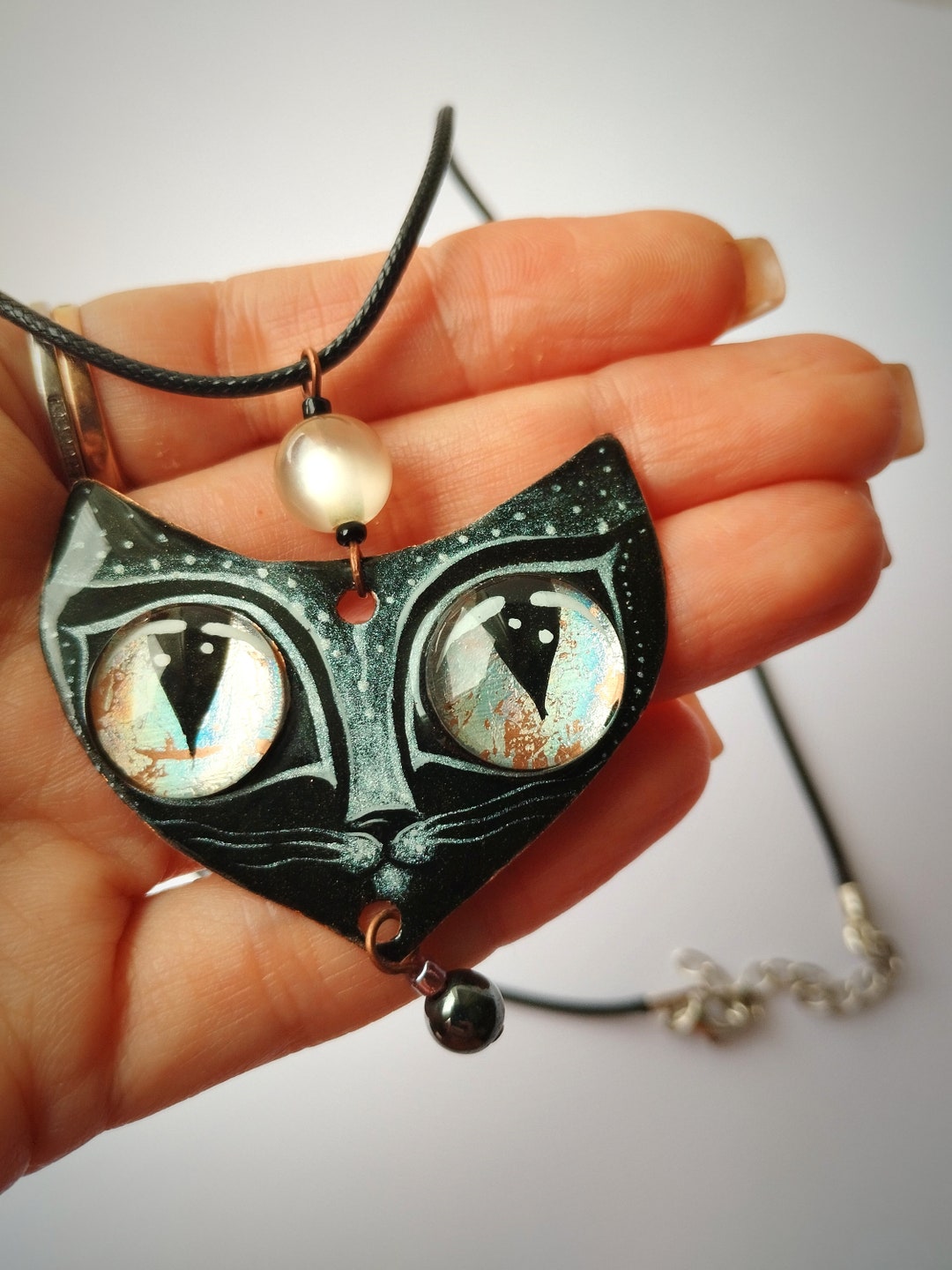 PENDANT CAT Silver Eyes, Hand-painted Jewelry Cat, AMULET Black Cat ...