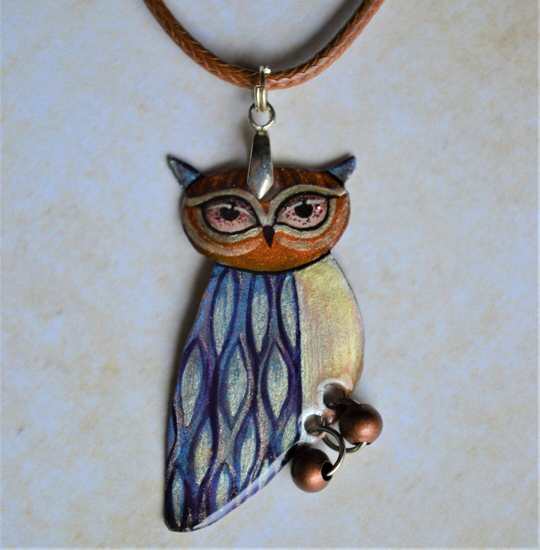 PENDANT Talisman OWL, Handmade JERWELRY Owl, Hand Painted Night-bird ...