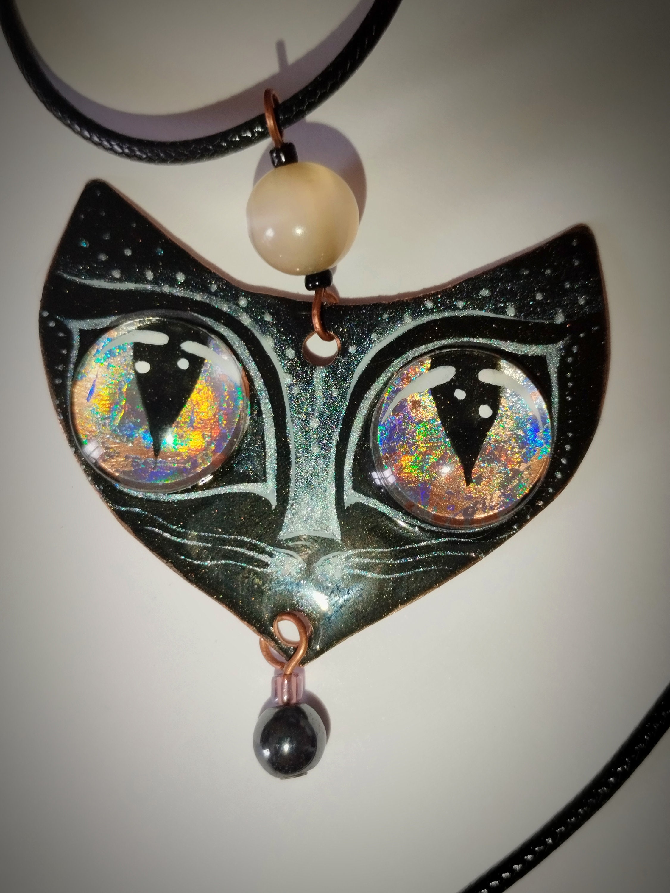 PENDANT CAT Silver Eyes, Hand-painted Jewelry Cat, AMULET Black Cat ...