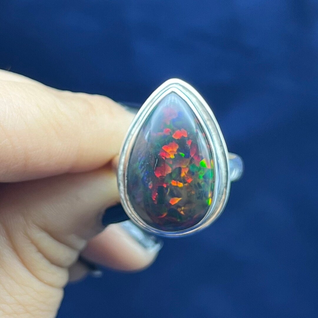 Black Ethiopian Opal Ring, Black Opal Fire Gemstone Ring for Women, Tear Drop Black Opal Silver ...