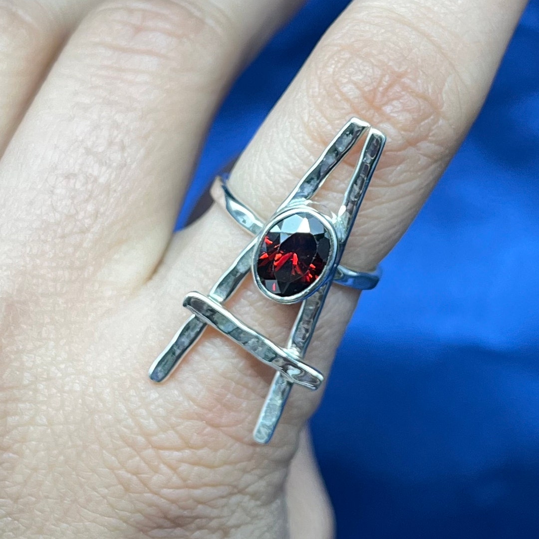Handmade Garnet Silver Initial Ring, 925 Sterling Statement Ring - Etsy