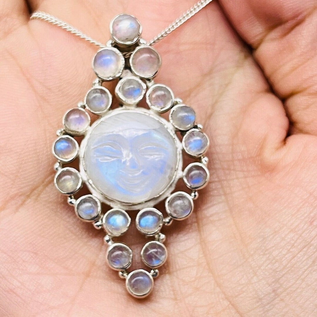 Rainbow Moonstone Face Pendant, Moonstone Face Carved Pendant, Moon ...