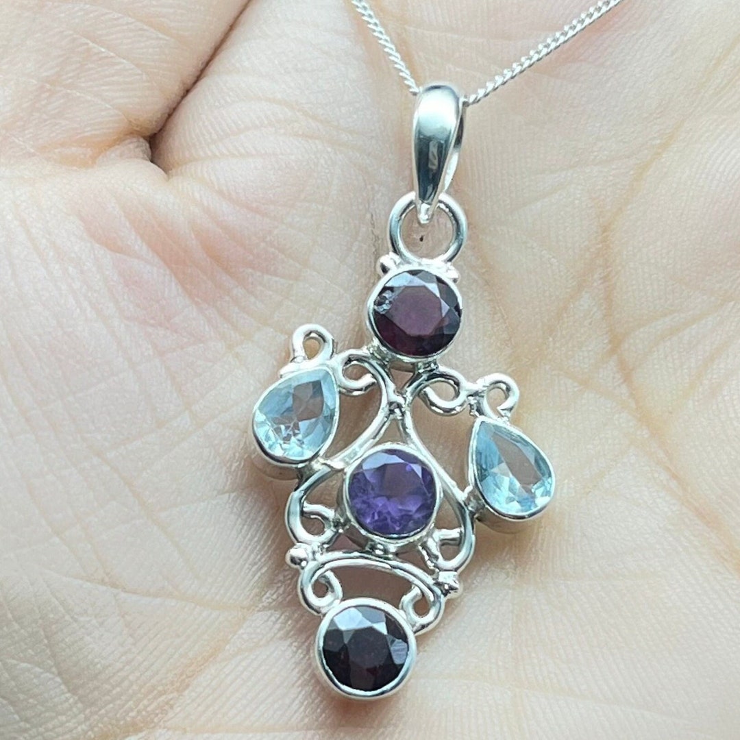 Natural Multi Gemstone Stone Silver Pendant, Solid 925 Silver Amethyst ...