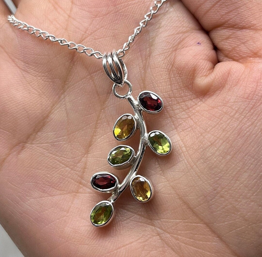 Natural Multi Gemstone Leaf Sterling Silver Pendant, 925 Sterling ...