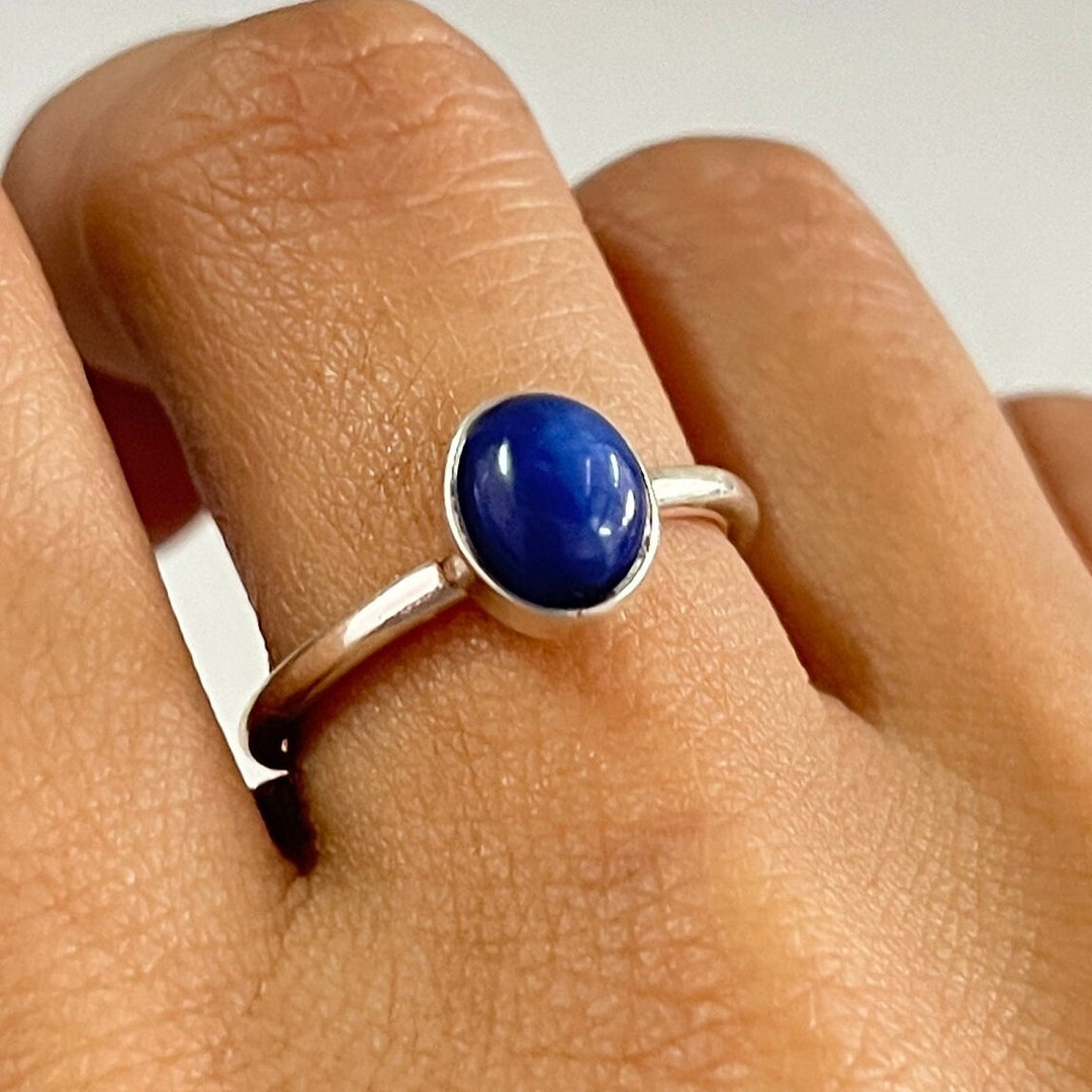 Natural Blue Star Sapphire Ring, 925 Sterling Silver Ring, Dainty Oval ...