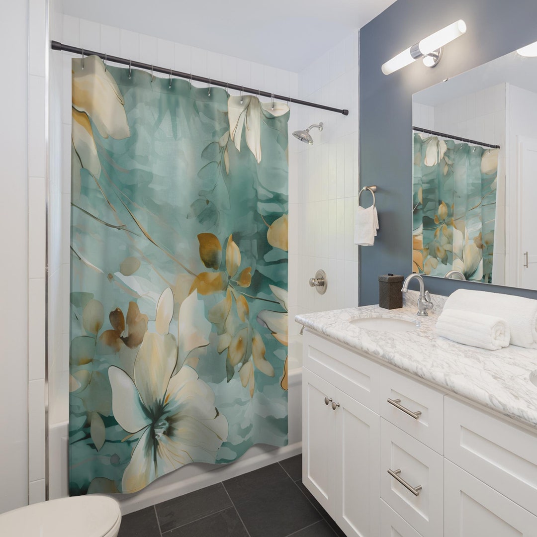 Teal Spring Flowers Shower Curtain, Floral Bathroom Decor, Coquette ...