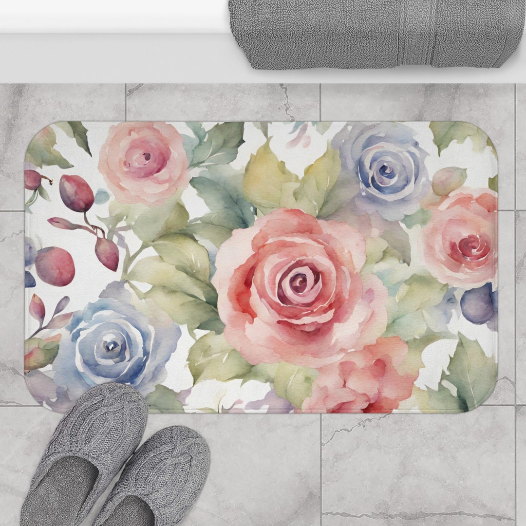 Vintage Rose Shabby Chic Bath Mat, Floral Aesthetic Bath Mat, Non-slip ...