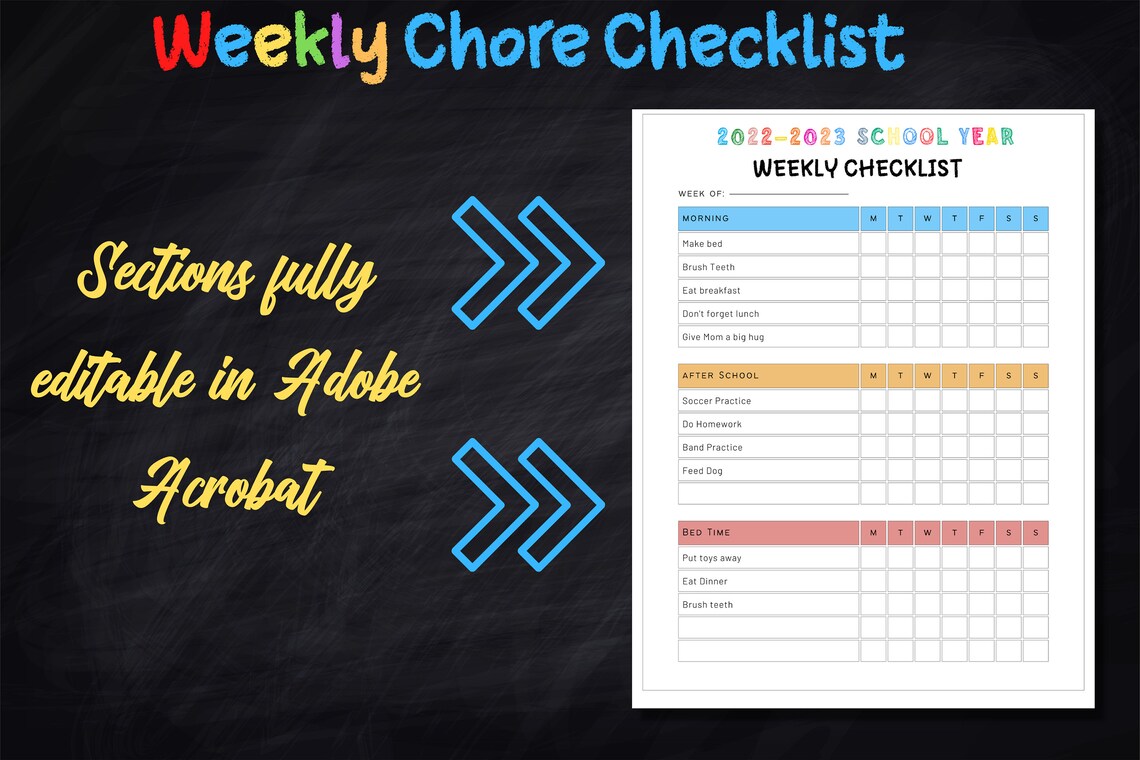 Editable Weekly Chore Chart Printable Kids Chore Chart Kids - Etsy
