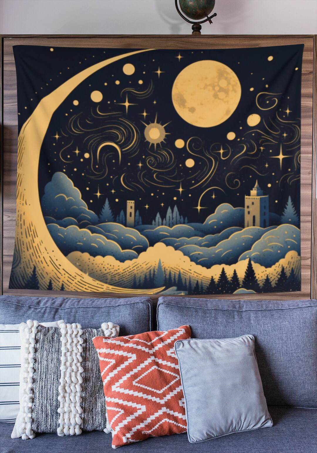 Boho Celestial Sun Moon Stars Wall Tapestry Aesthetic, Vintage Wall ...