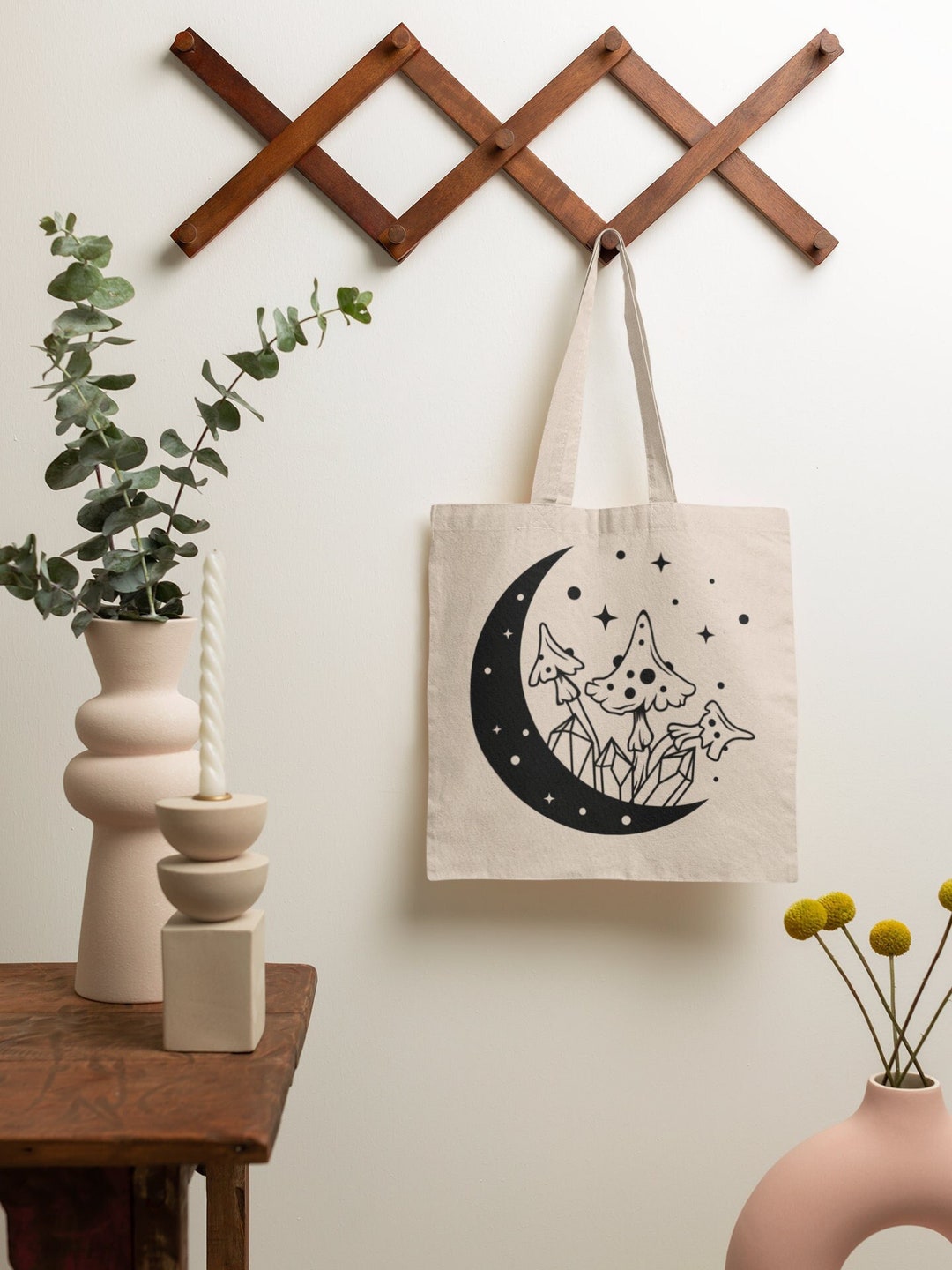 Mystical Crystal Moon Mushroom Tote Bag, Witchy Plants and Moon Design ...