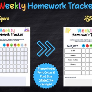 Weekly After School Homework Tracker Printable, Kids Chore Chart, Kids ...