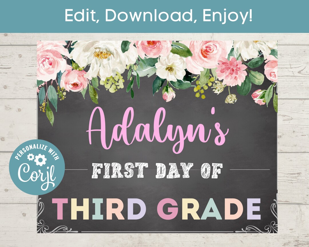 First Day of Third Grade School Sign, Back to School Chalkboard Sign ...